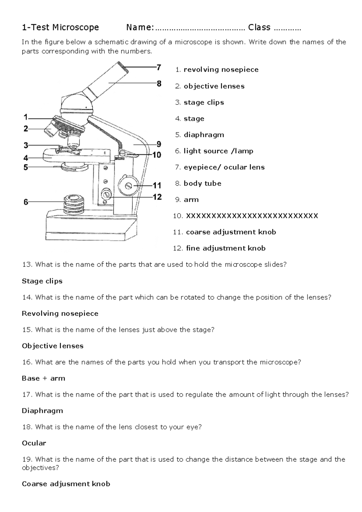 1-test microscopy with answers - 1-Test Microscope Name