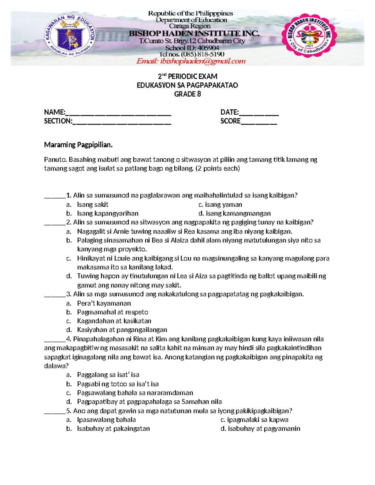 G8 2nd periodic exam in esp - 2 nd PERIODIC EXAM EDUKASYON SA ...