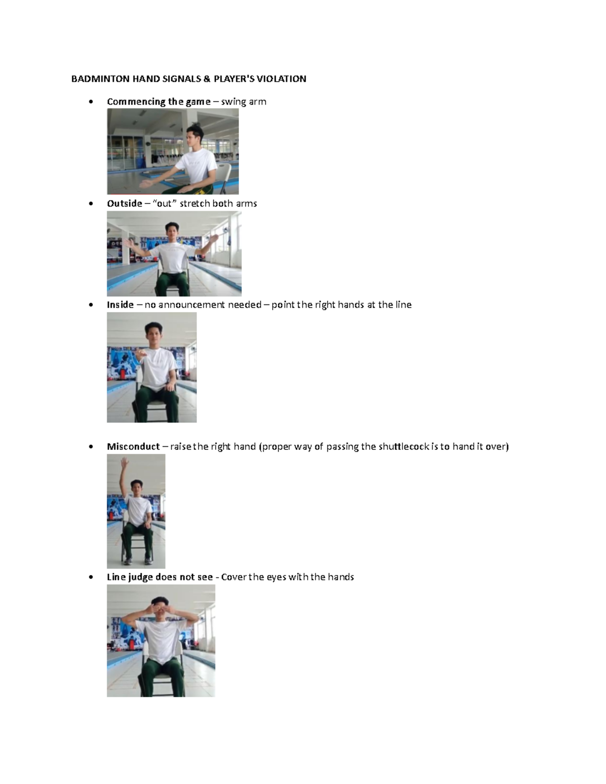 Badminton Hand Signals - BADMINTON HAND SIGNALS & PLAYER'S VIOLATION Commencing the game – swing ...