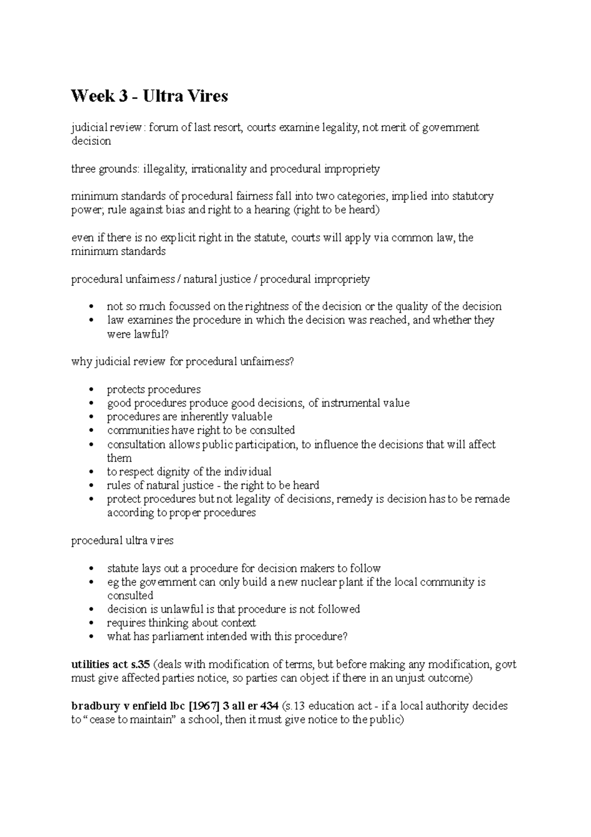 Procedural Fairness - Week 3 - Ultra Vires judicial review: forum of ...