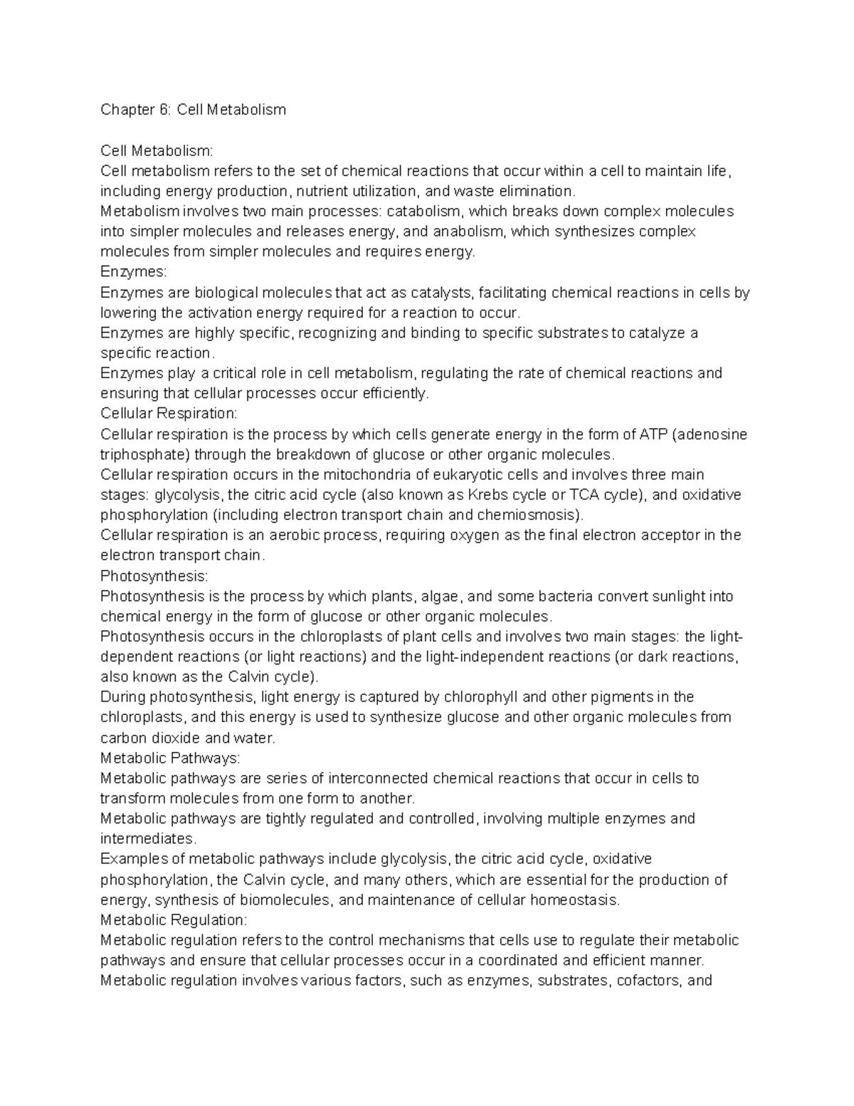Untitled document - class notes - Chapter 6: Cell Metabolism Cell ...