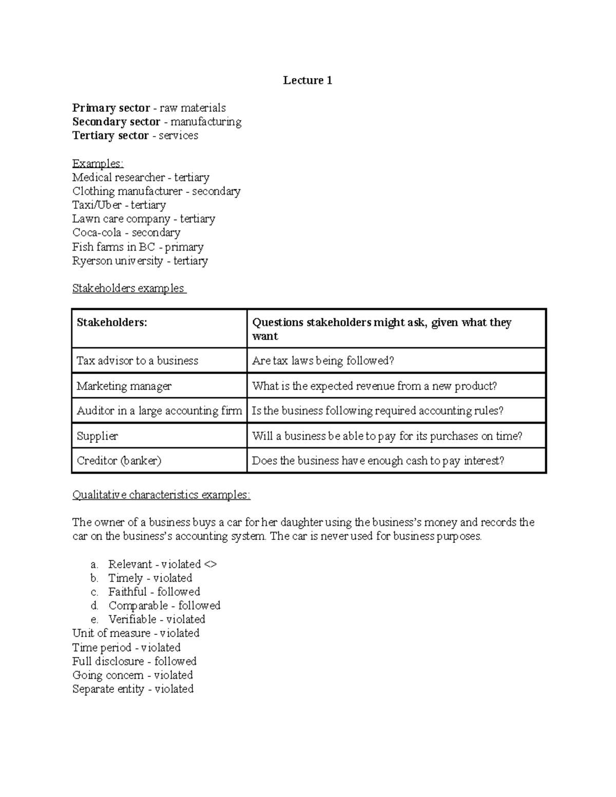 ACC100 - class examples - Lecture 1 Primary sector - raw materials ...