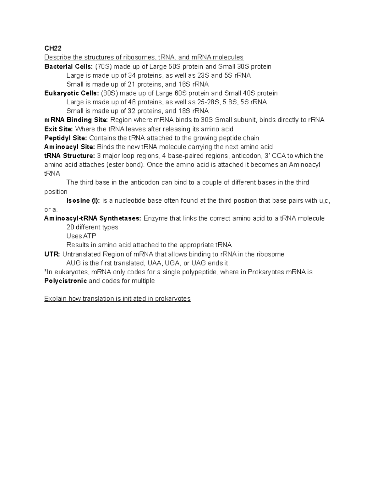Cell Biology Final Exam - CH Describe the structures of ribosomes, tRNA ...