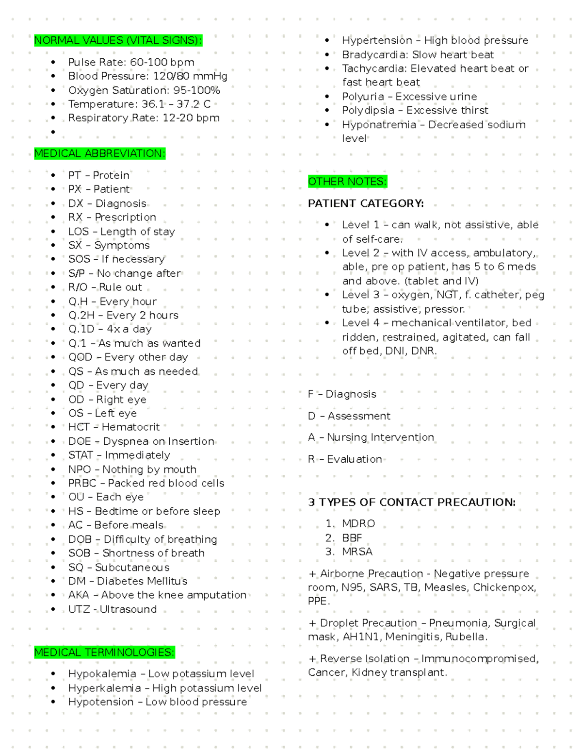 Notes - NORMAL VALUES (VITAL SIGNS): Pulse Rate: 60-100 bpm Blood ...