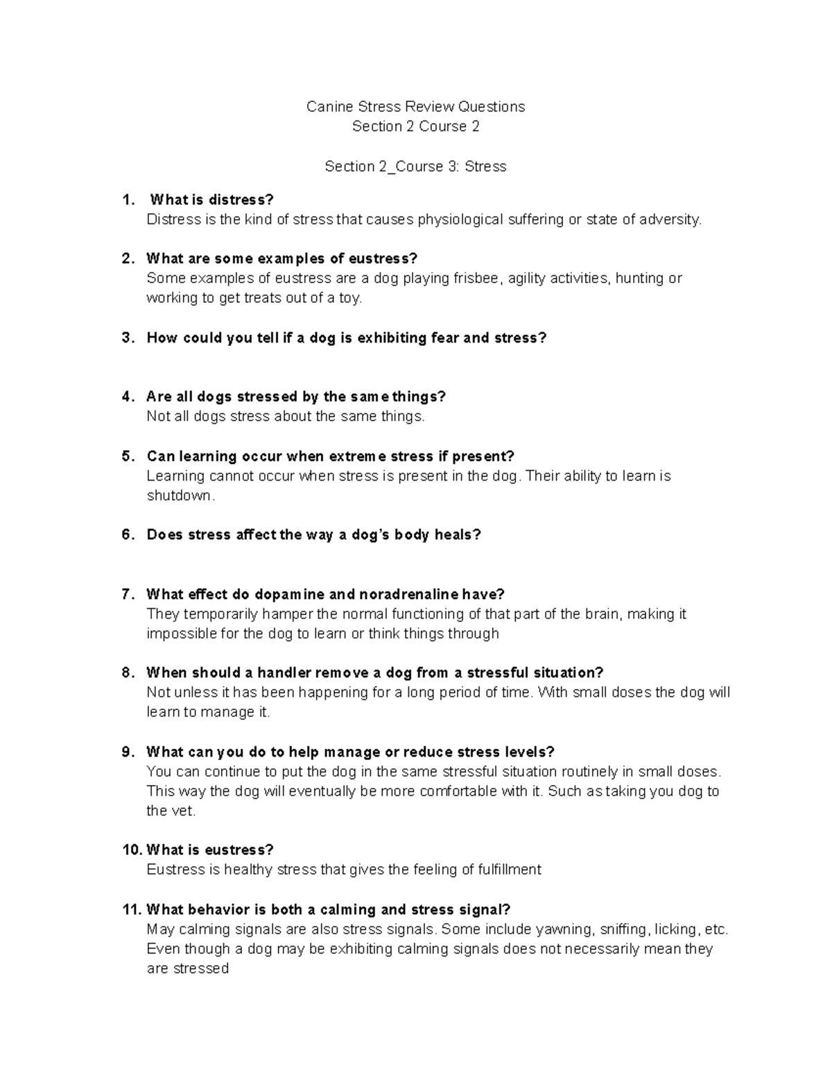 2-3 canine stress - Canine Stress Review Questions Section 2 Course 2 ...