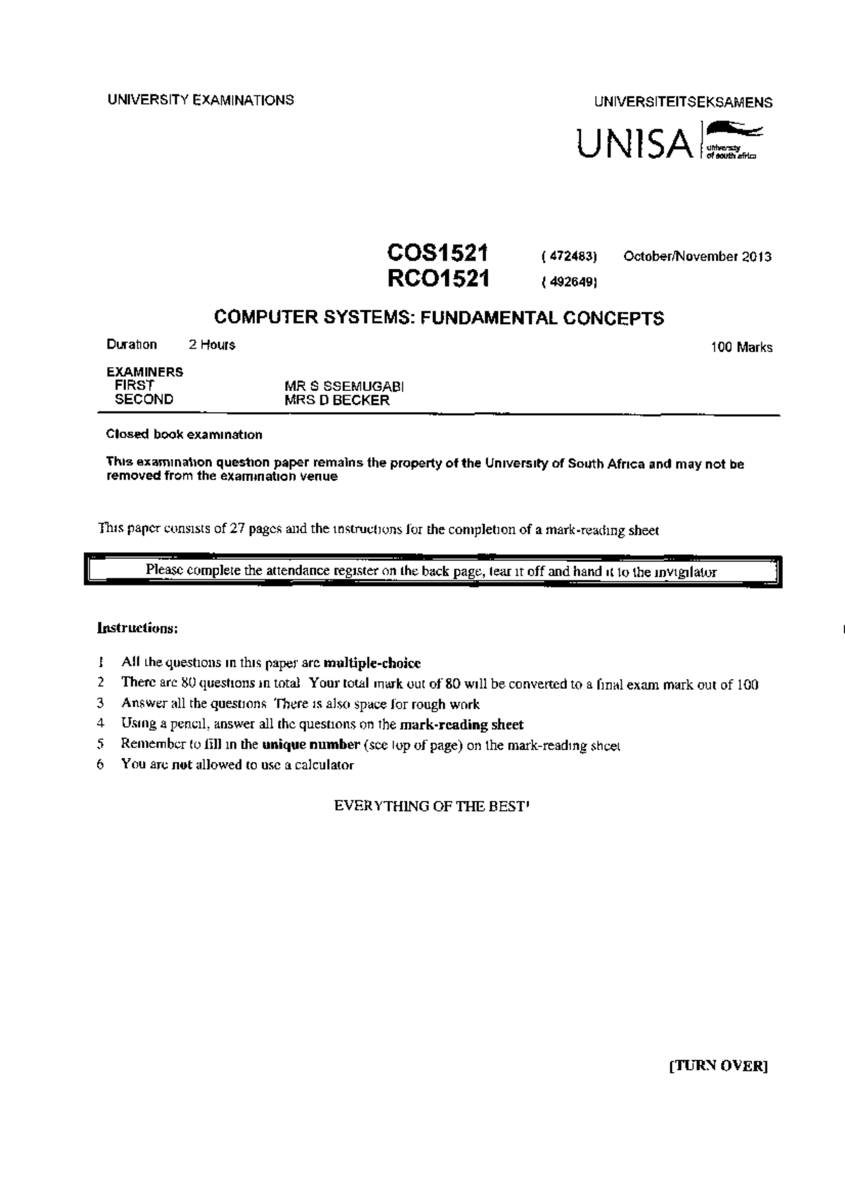 Exam 2013 - COS1521 - Studocu