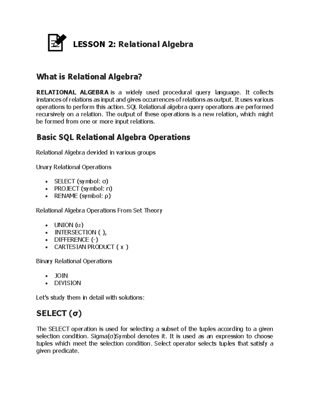 Module 4 - Lesson 2 - LESSON 2: Relational Algebra What is Relational ...