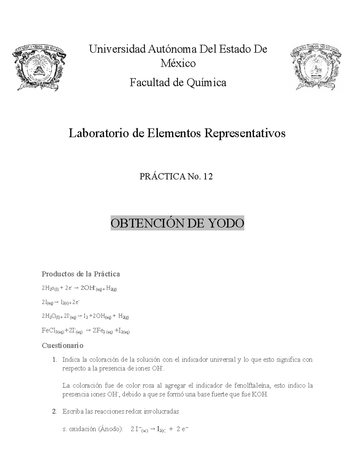 Práctica 12 Obtencion yodo - Universidad Autónoma Del Estado De México ...