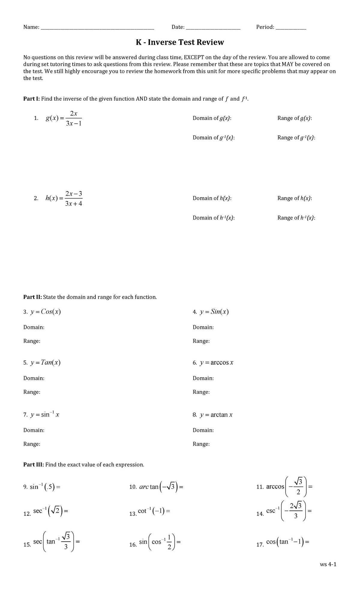 1 K Inverse Test Review - Lecture notes 1 - Name: - Studocu