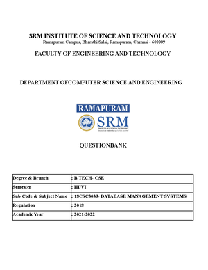 All Unit Important Questions From DBMS - DEPARTMENT OF COMPUTER SCIENCE & ENGINEERING QUESTION ...