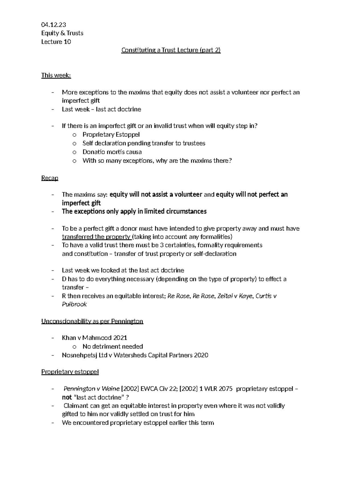 04.12.23 - Equity & Trusts - Lecture 10 - Constituting a Trust Lecture ...
