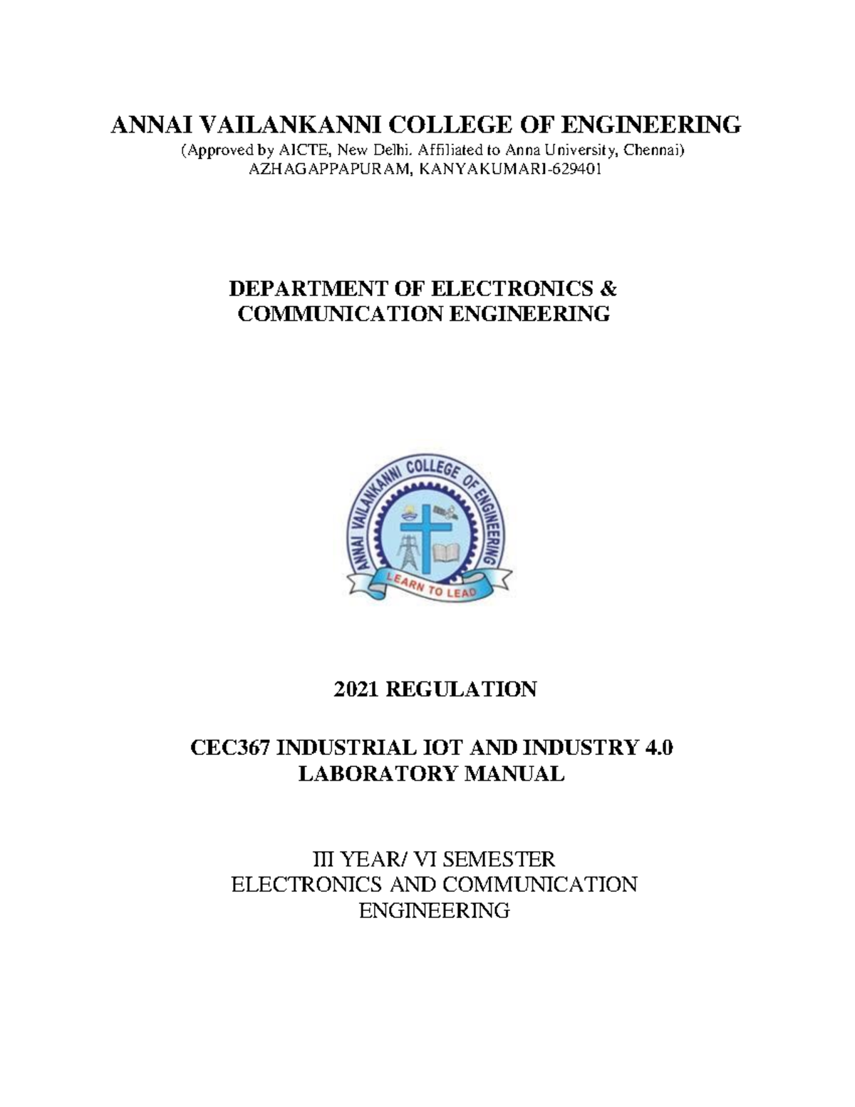 Industrial IOT AND Industry 4.0 LAB Manual - ANNAI VAILANKANNI COLLEGE ...