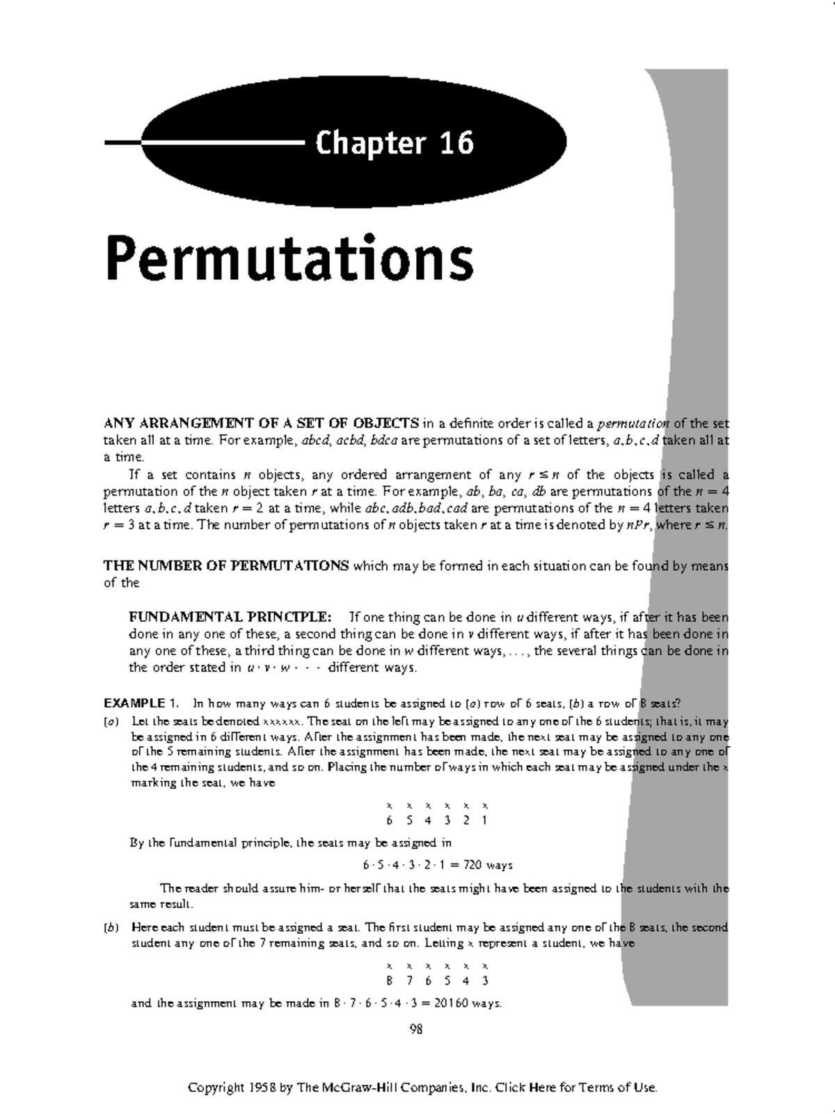 數學作業-16 - 數學作業 - 98 Chapter 16 Permutations ANY ARRANGEMENT OF A SET OF OBJECTS in a definite ...