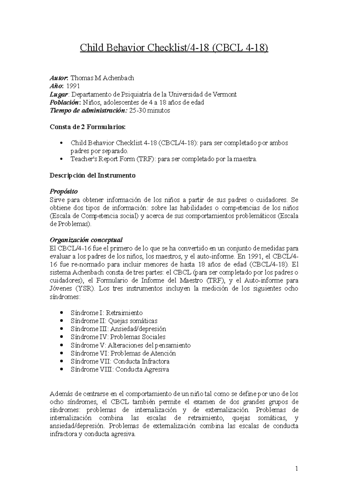 Child Behavior Checklist 4 18 CBCL 4 18 - Child Behavior Checklist/4-18 ...