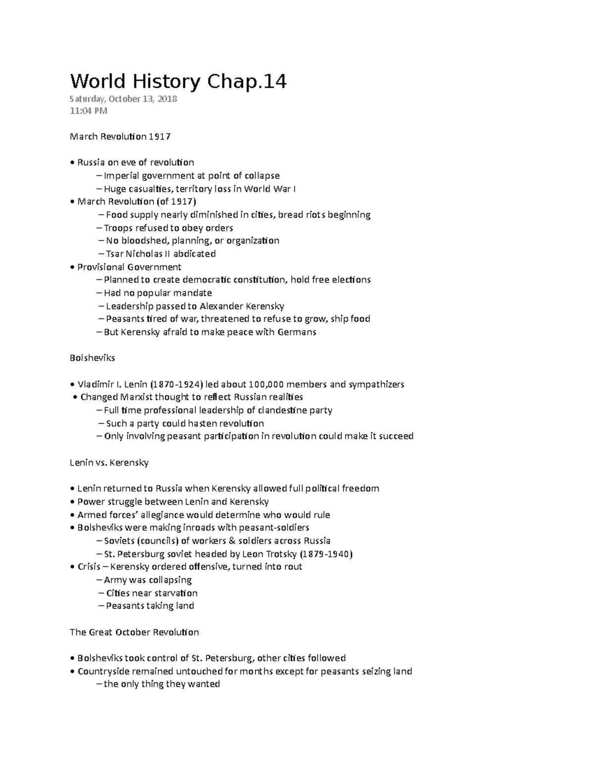 World History Chap - Lecture notes 14 - World History Chap Saturday ...