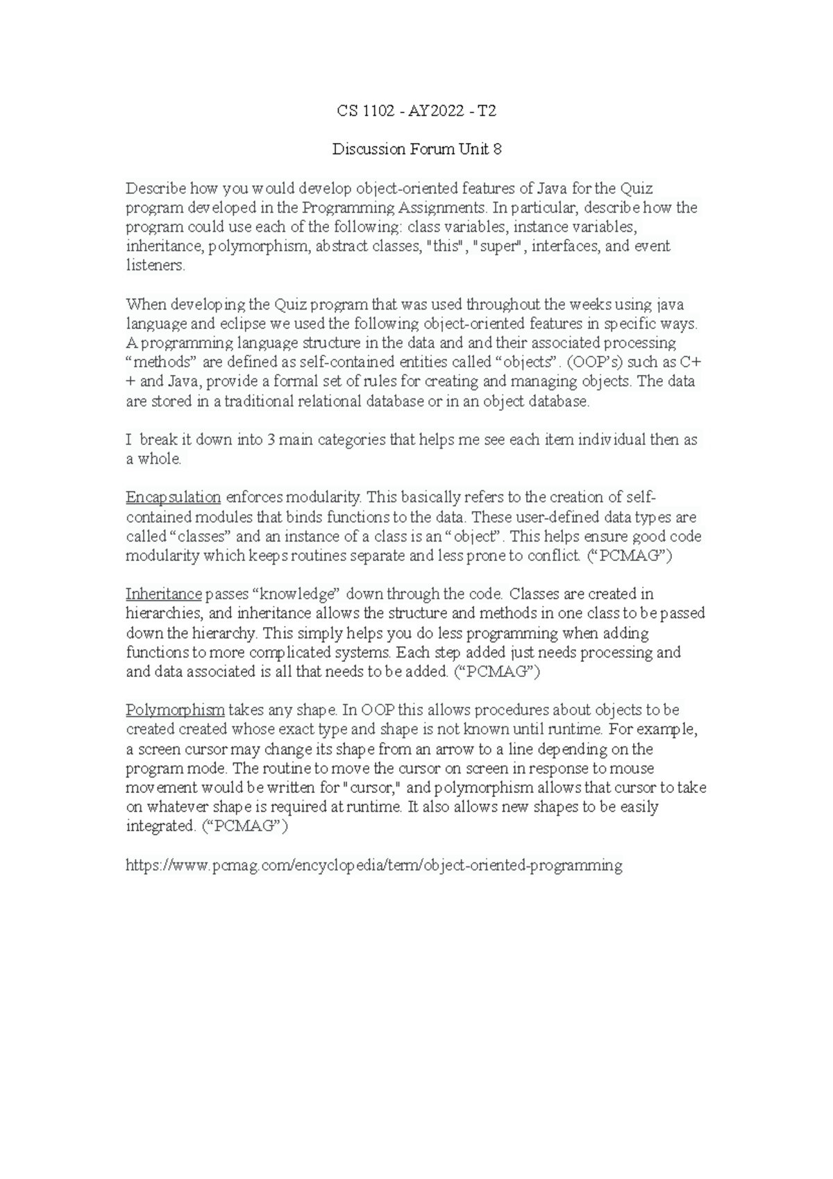 CS 1102 - DFU8 - Weekly Discussion Forum - CS 1102 - AY2022 - T Discussion Forum Unit 8 Describe ...