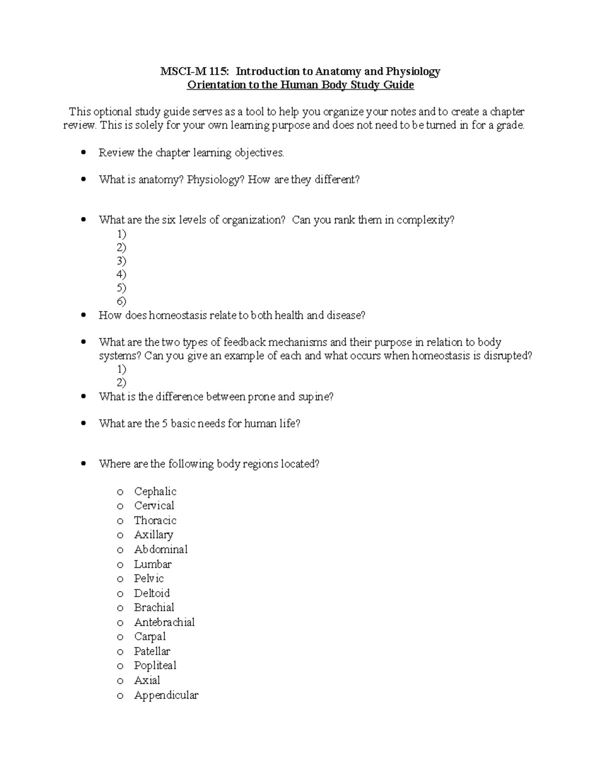 Introduction to Human Body Study Guide M115 - MSCI-M 115: Introduction ...