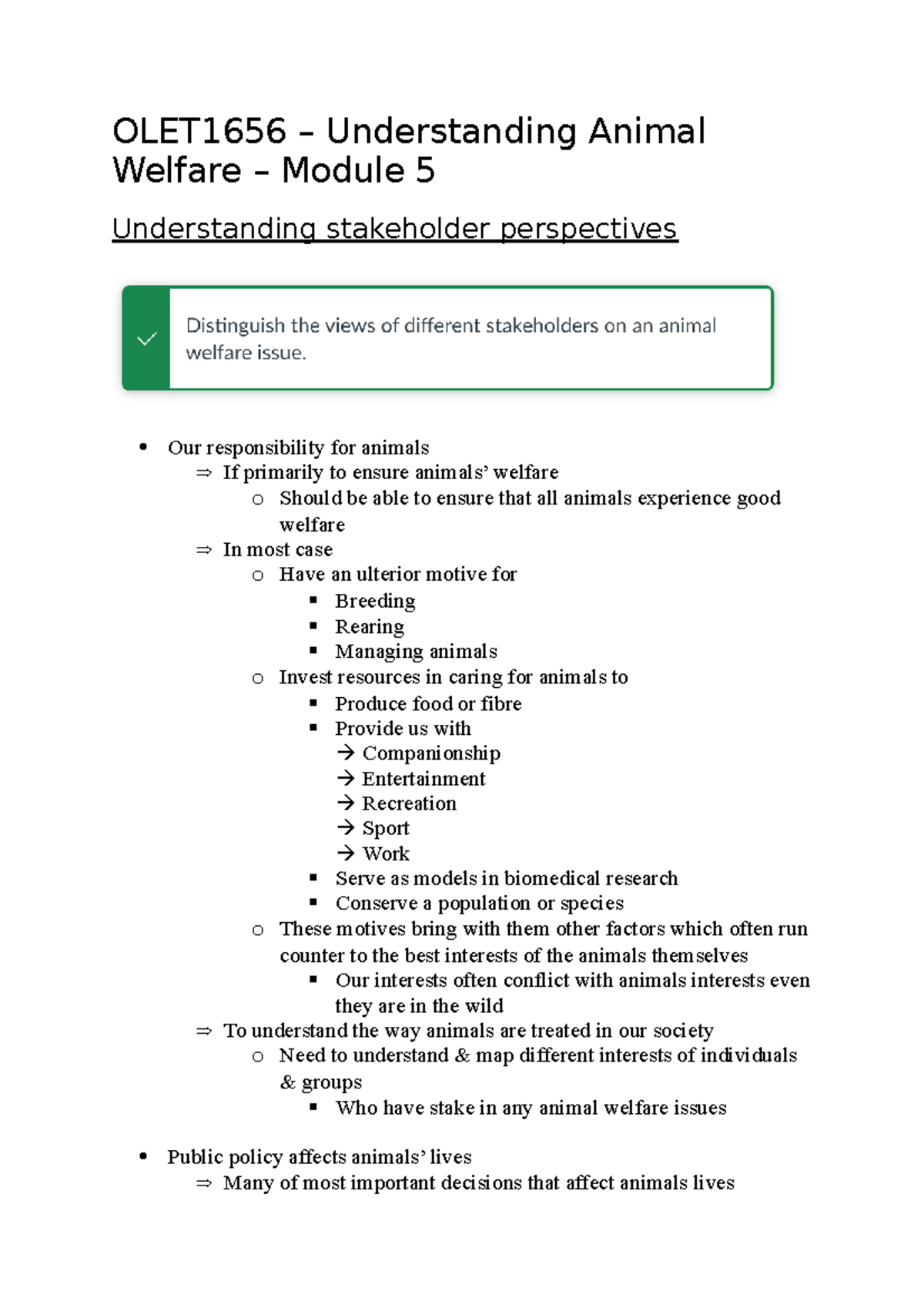 OLET1656 Module 5 Notes - OLET1656 – Understanding Animal Welfare ...