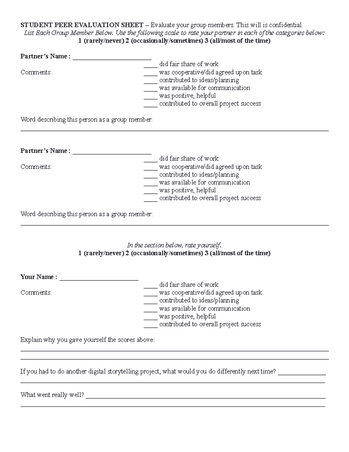 Student PEER Evaluation - STUDENT PEER EVALUATION SHEET – Evaluate your ...