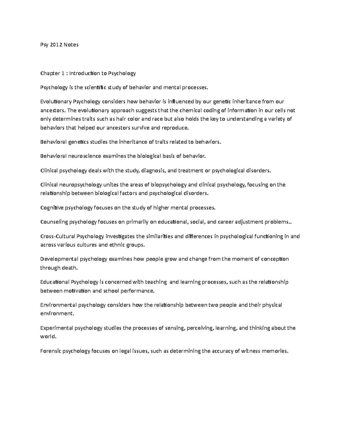 Psy 2012 Notes - kay rubin - Psy 2012 Notes Chapter 1 : Introduction to ...