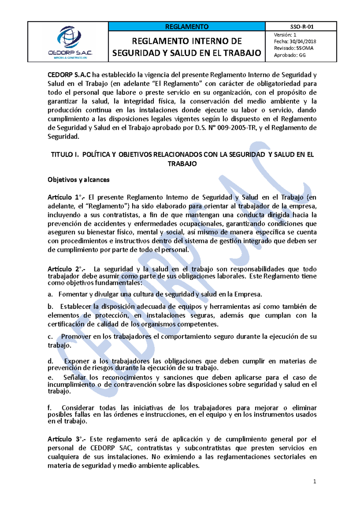 115 Risst Cedorp SAC v1 2018 - REGLAMENTO INTERNO DE SEGURIDAD Y SALUD ...