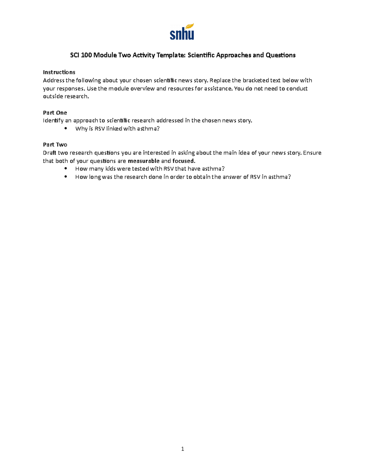 SCI 100 Module Two Activity Template - Replace the bracketed text below ...