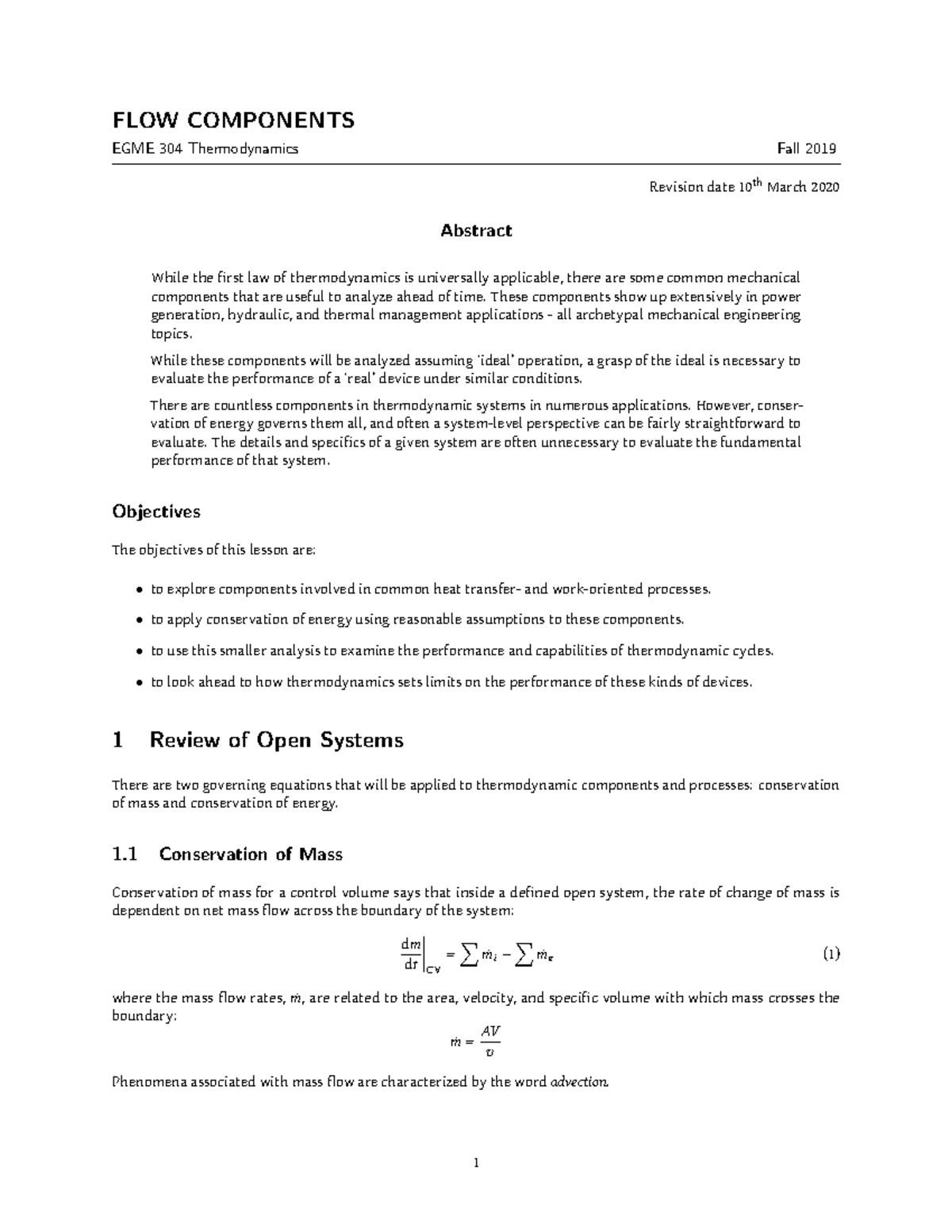 Components outline - FLOW COMPONENTS EGME 304 Thermodynamics Fall 2019 ...