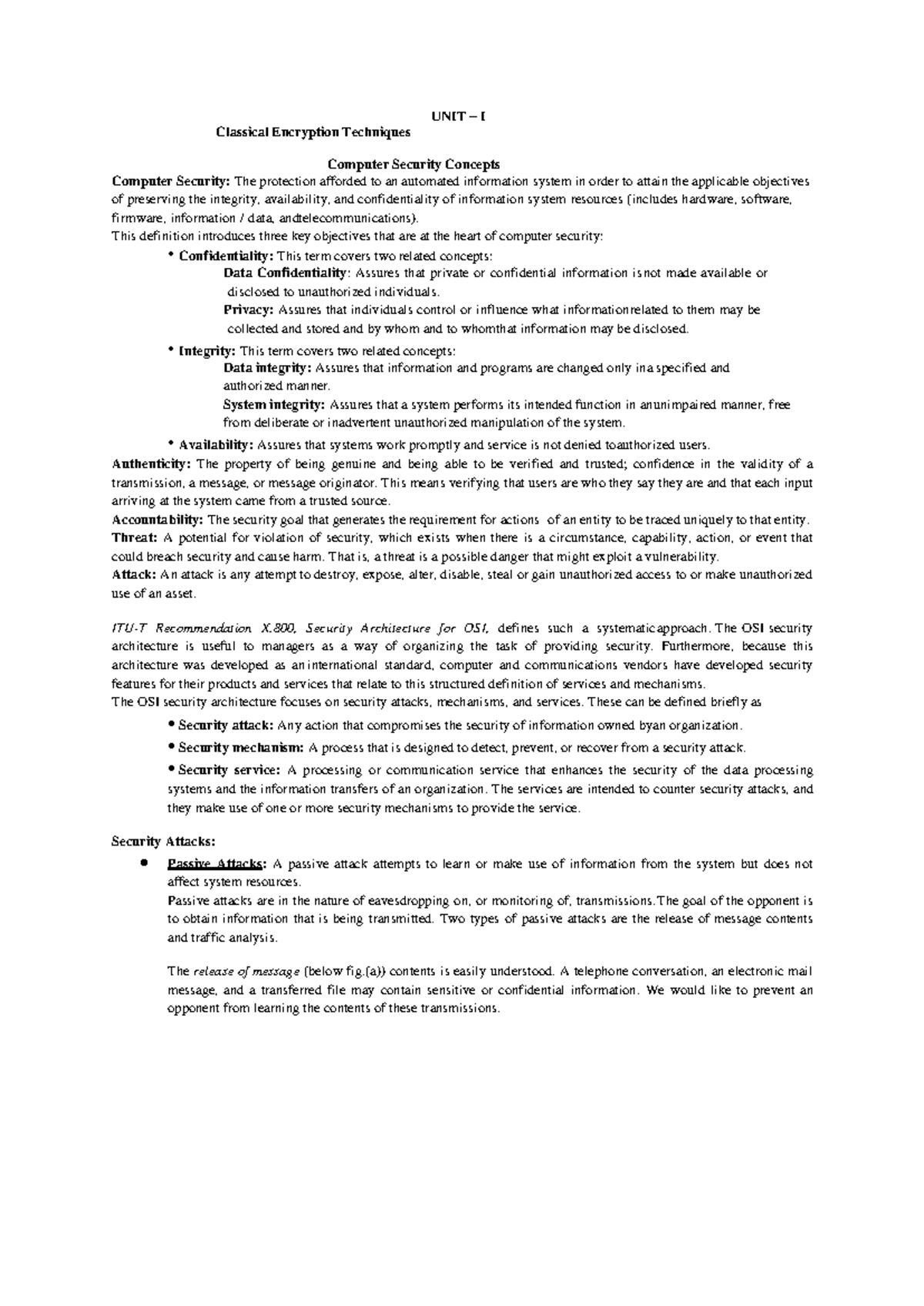 CNS unit 1 - Nothing - UNIT – I Classical Encryption Techniques Computer Security Concepts ...
