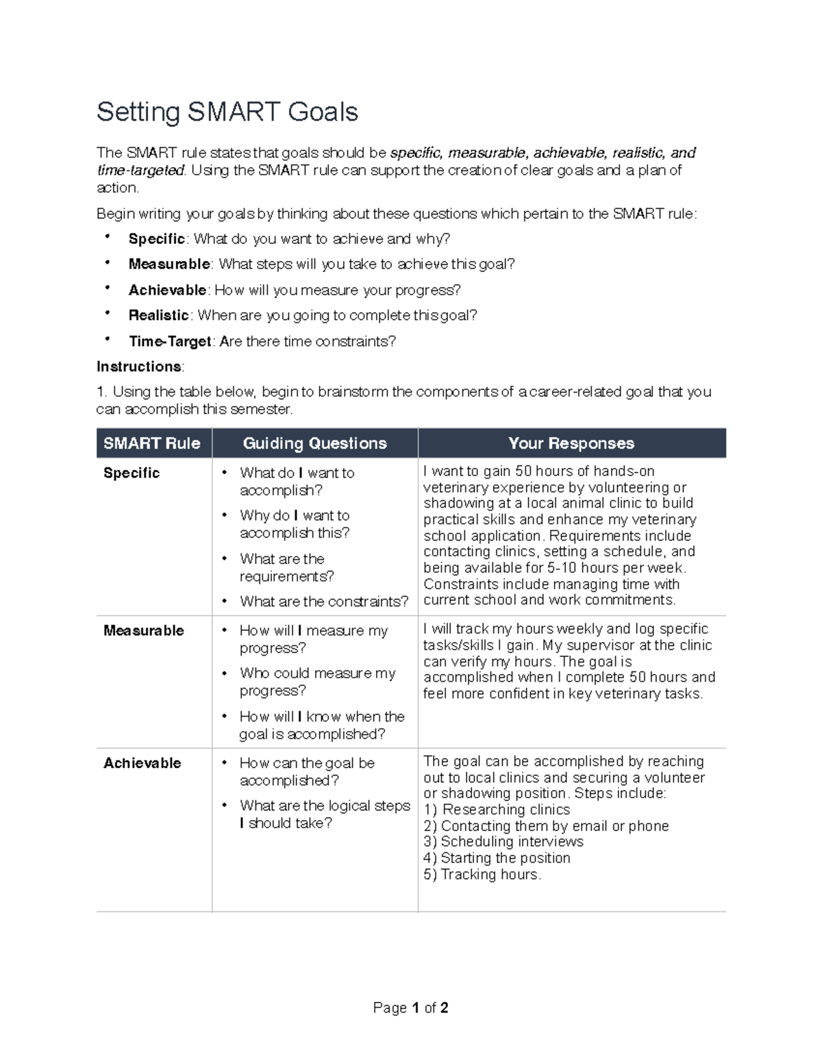 Smart Worksheet - Setting SMART Goals The SMART rule states that goals ...