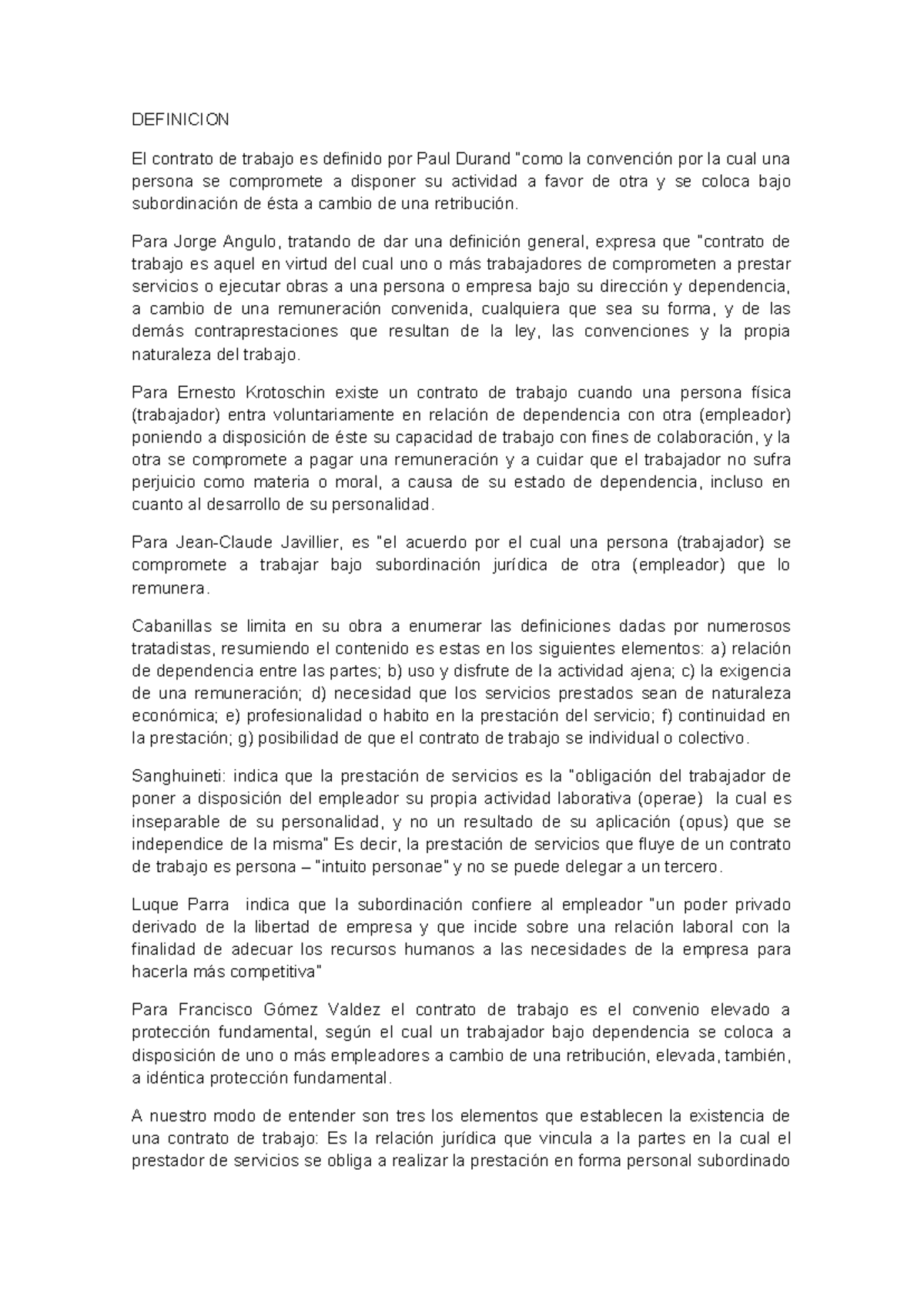 El contrato de trabajo - DEFINICION El contrato de trabajo es definido ...