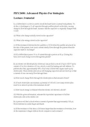 Tutorial 9 - Questions and answer - PHY2400: Advanced Physics For biologists Lecture 9 tutorial ...