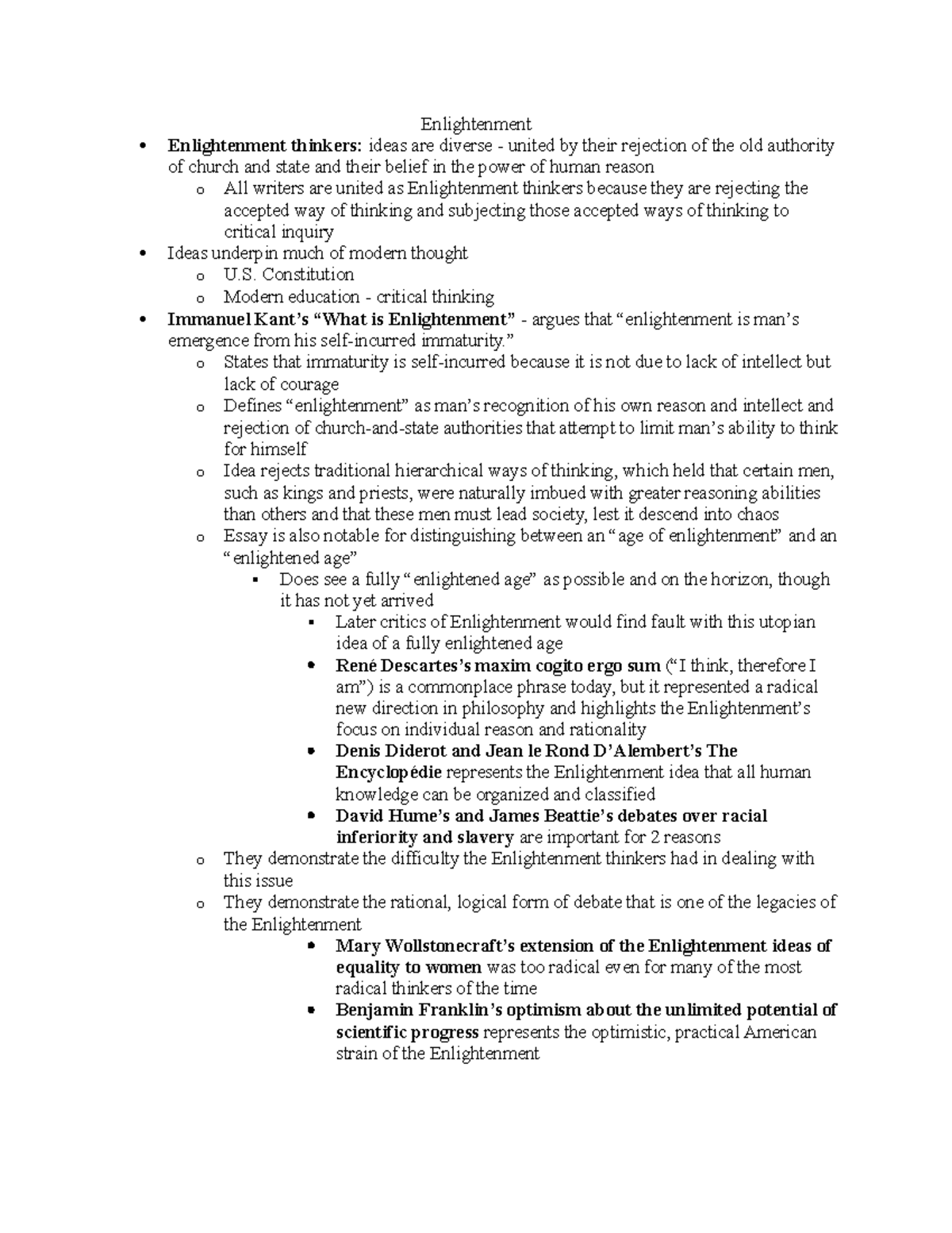 ENG 204 Enlightenment Notes - Enlightenment Enlightenment thinkers ...