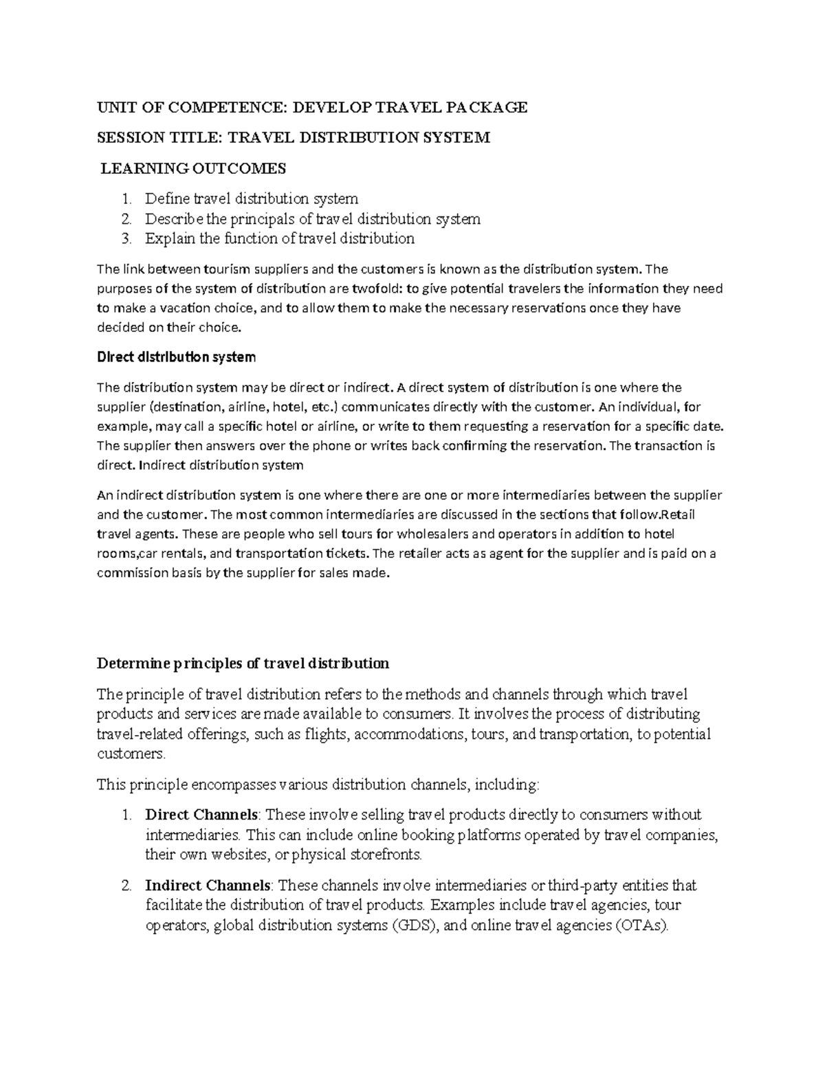 Final travel distribution notes 2 - UNIT OF COMPETENCE: DEVELOP TRAVEL ...