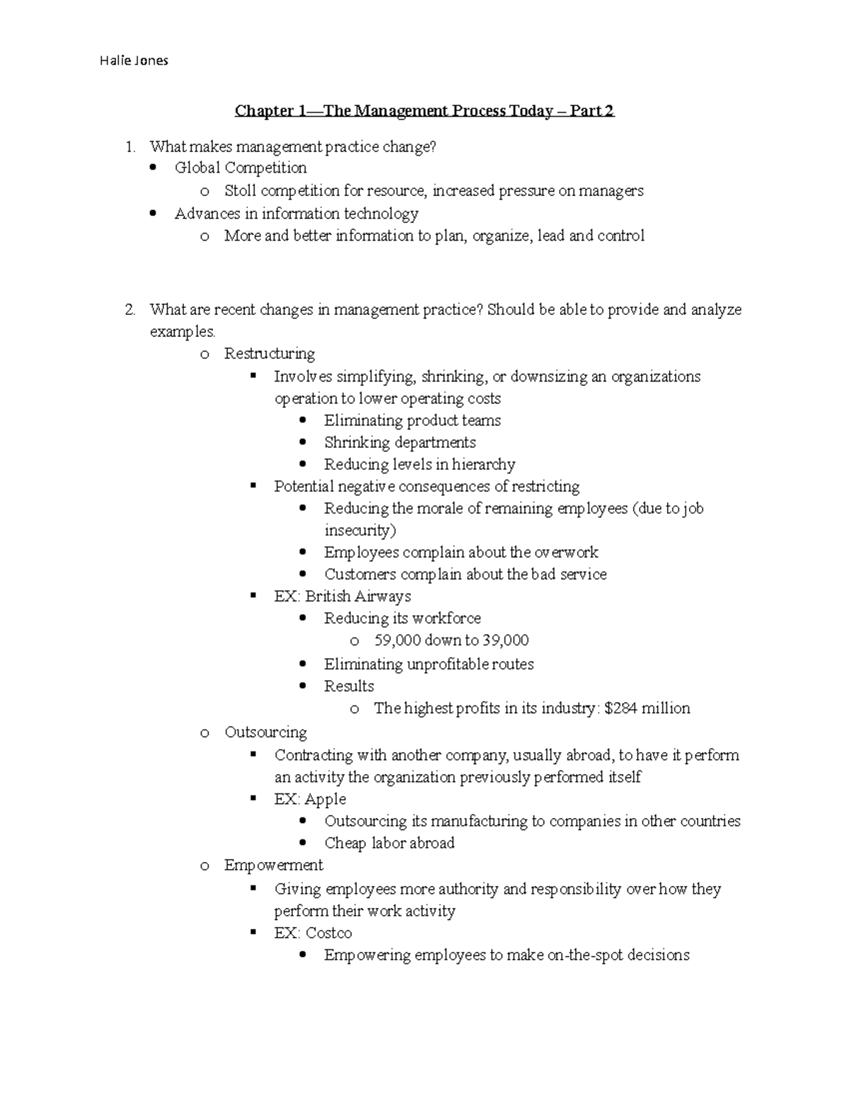 Handout CH1 02 - Notes - Halie Jones Chapter 1—The Management Process ...
