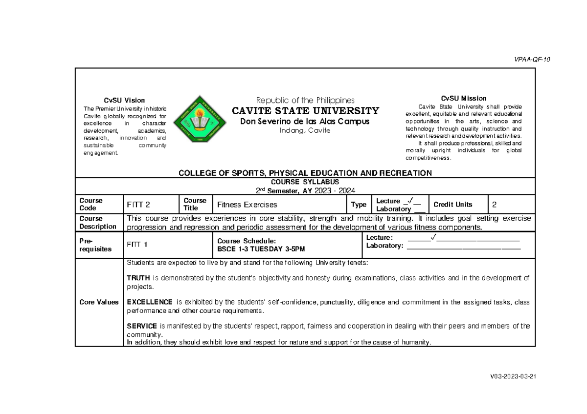 FITT-2 OBE- Syllabus BSCE - Republic of the Philippines CAVITE STATE ...
