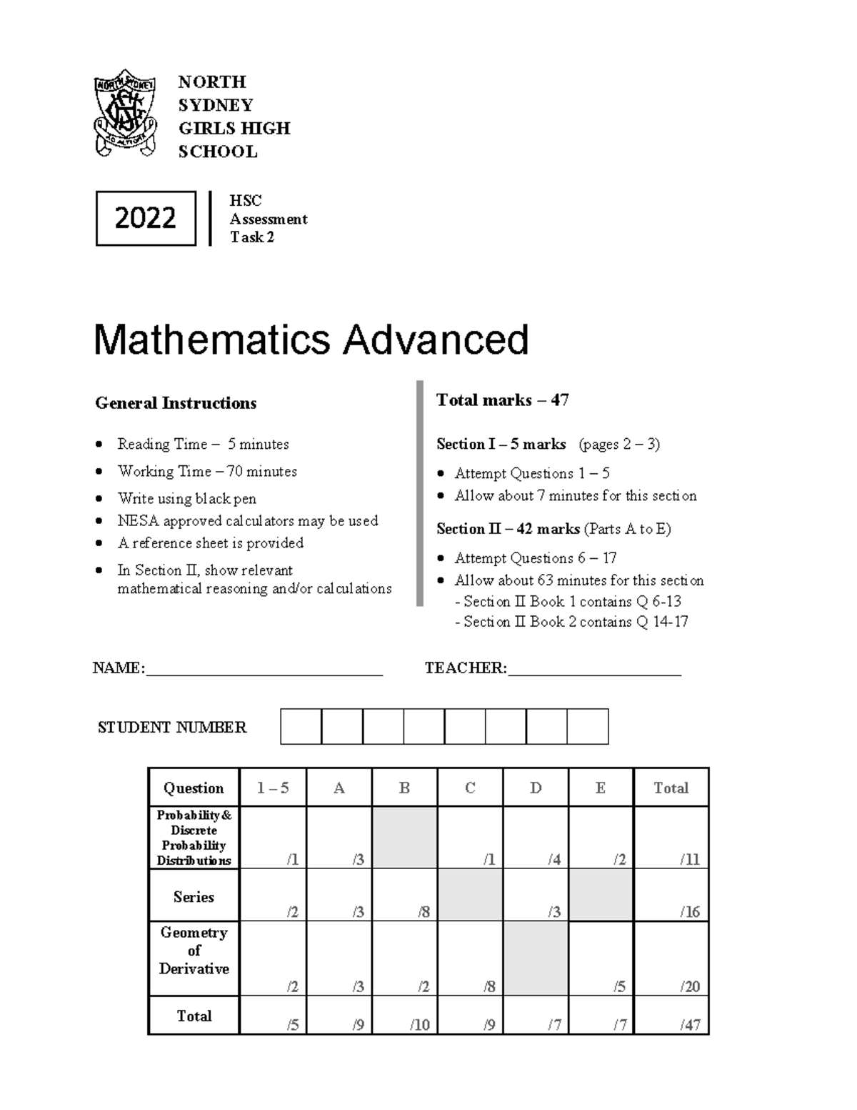 2022 Task 2 - NSG - math ext 1 task 2 - Mathematics Advanced NAME ...