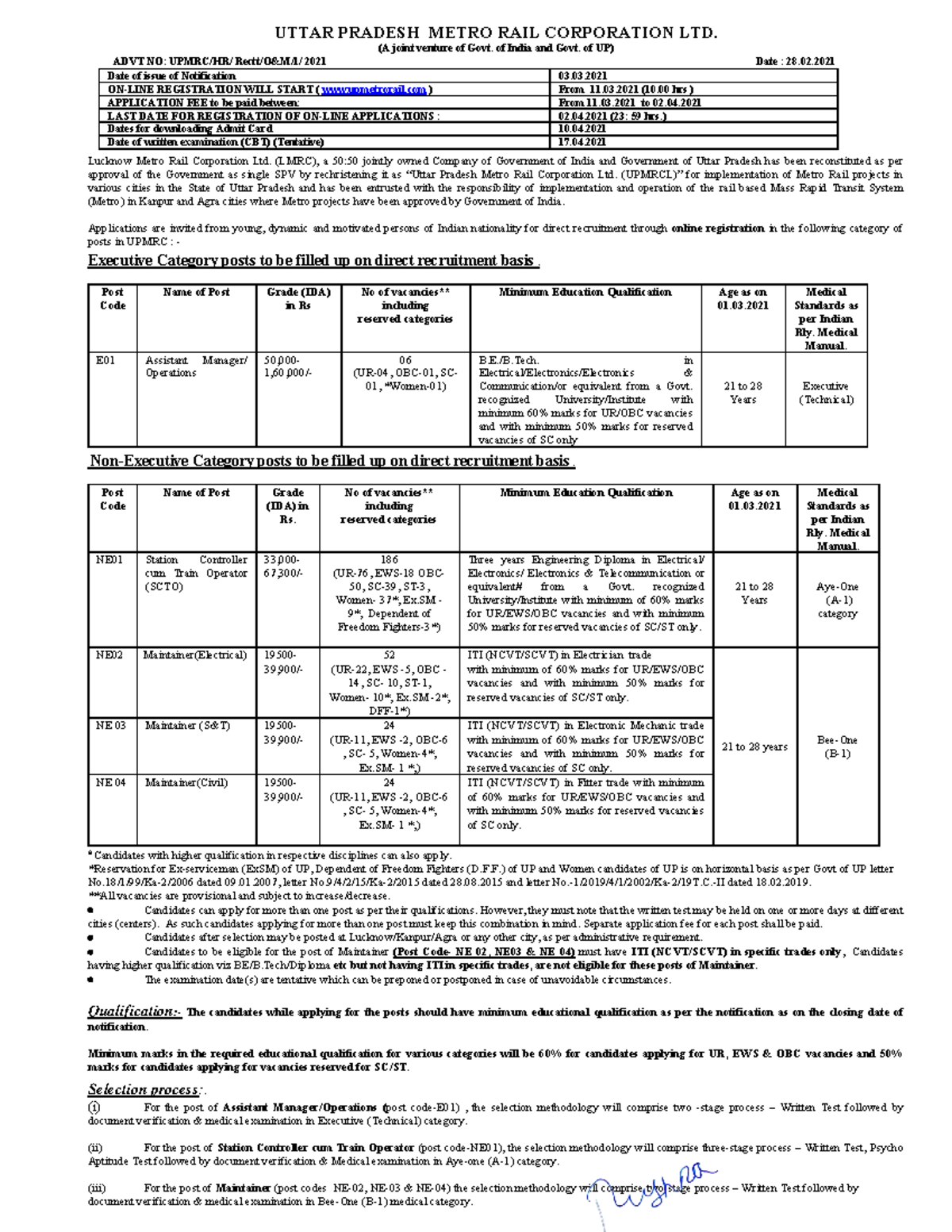 Upmrc Notification 2021-signed - UTTAR PRADESH METRO RAIL CORPORATION ...