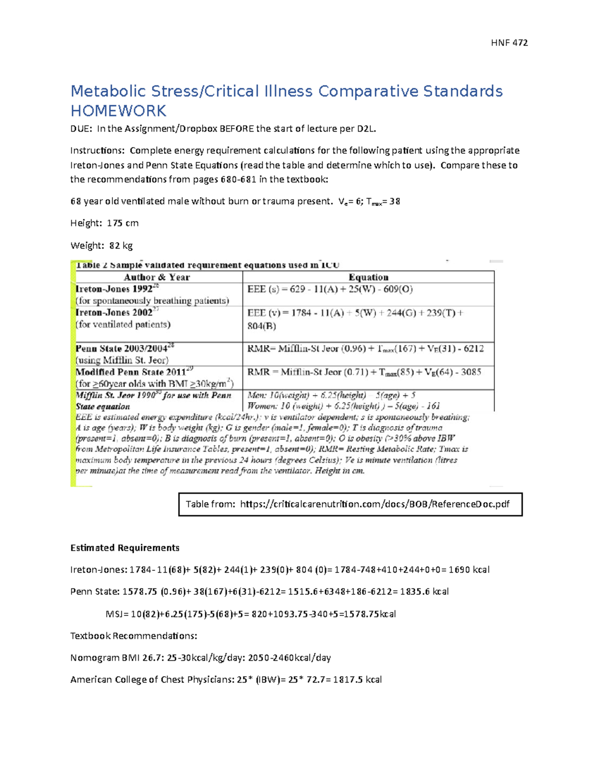 Metabolic Stress Energy Equation Homework - HNF 472 Metabolic Stress ...
