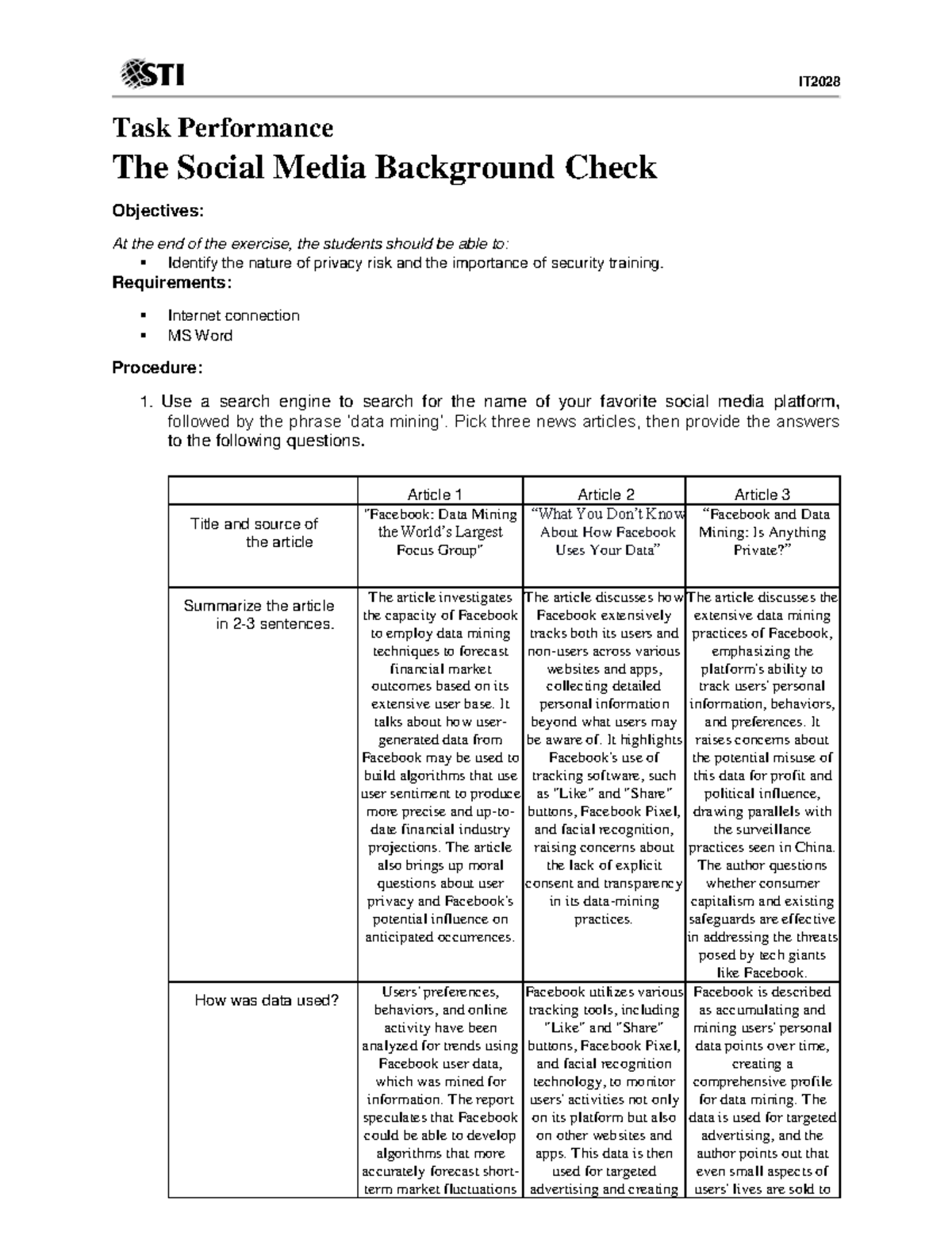 Dela Cerna 05 Task Performance 1 - IT Task Performance The Social Media Background Check ...