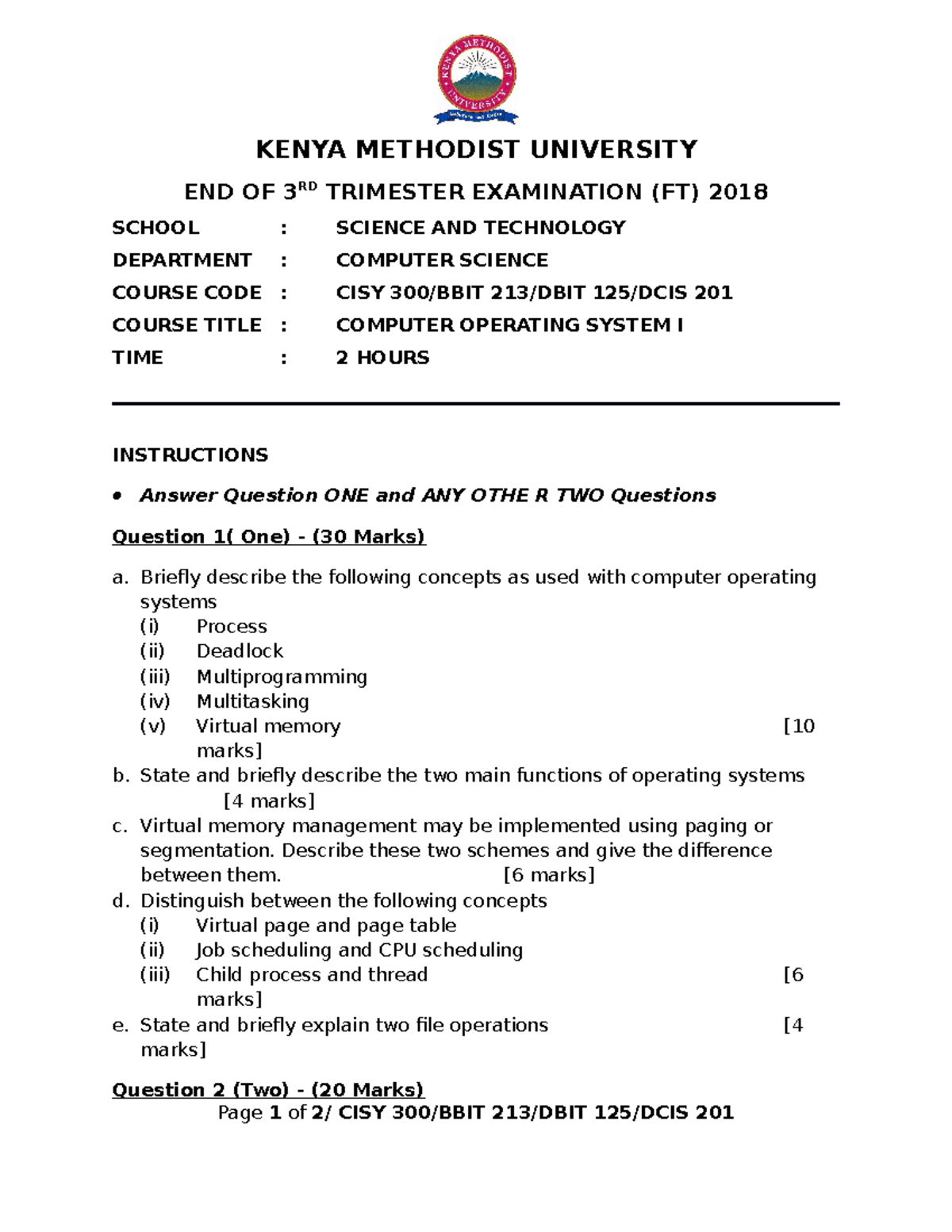 Computer Operating System I (CISY 300-BBIT 213-DBIT 125-DCIS 201) 3rd ...