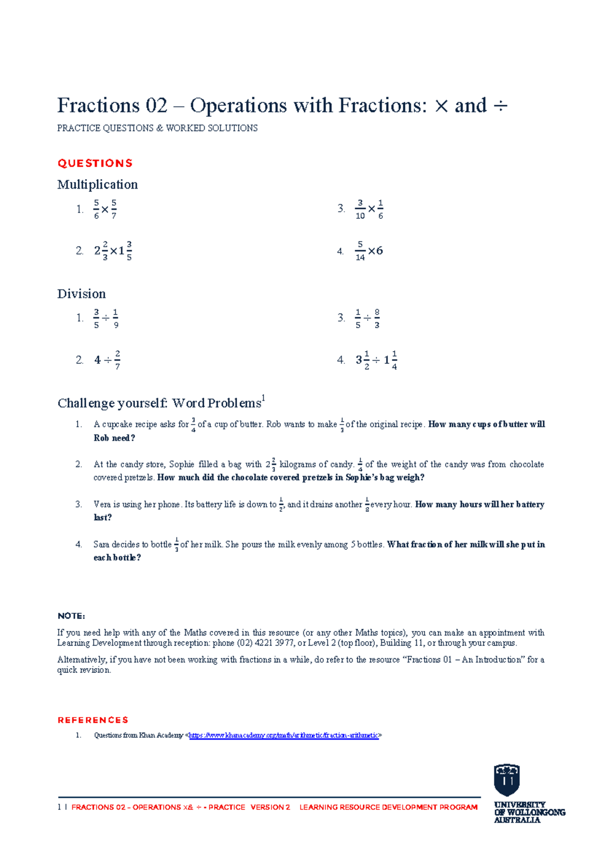 Uow227936 - Advanced math - 1 | FRACTIONS 02 – OPERATIONS ×& ÷ ...