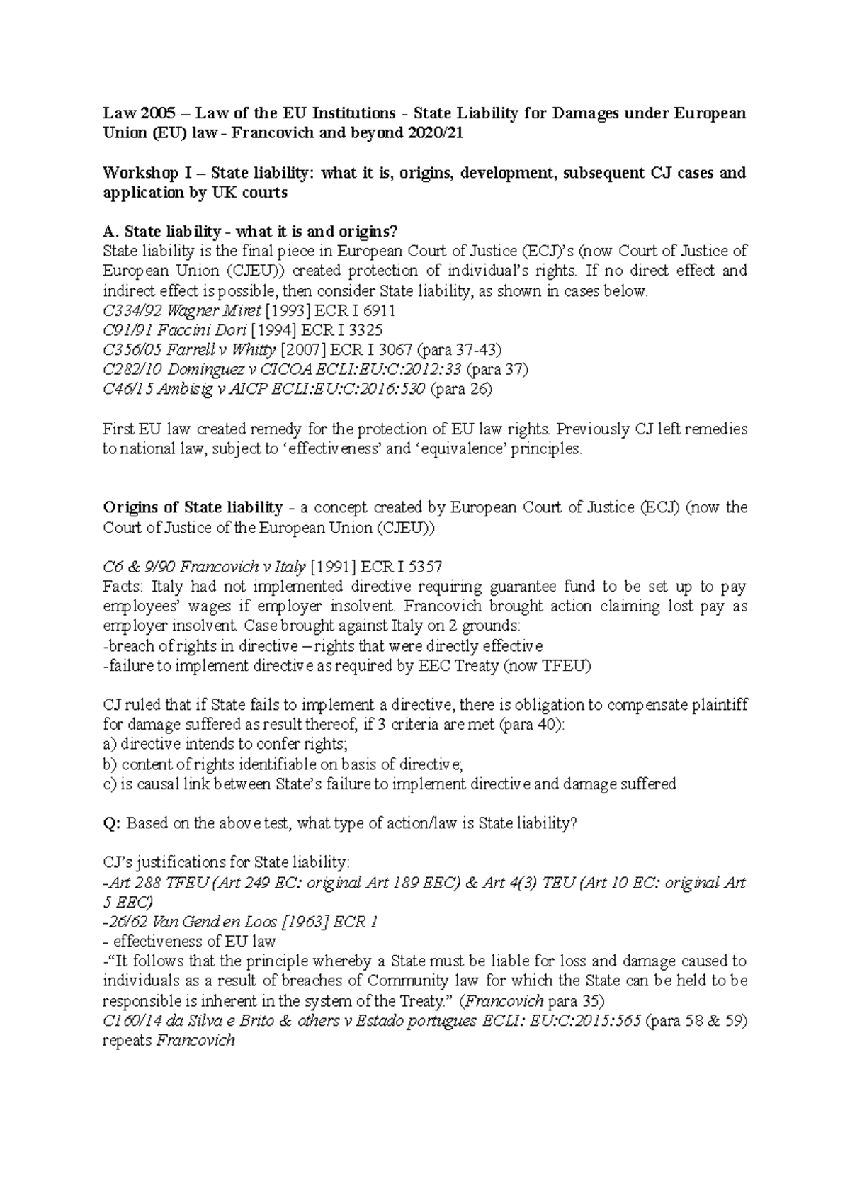 Stateliabilityworkshop I 2021student - Law 2005 – Law of the EU ...