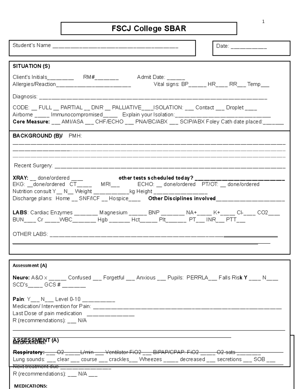 NUR1212CC SBAR Form with Medications - 1 FSCJ College SBAR Student’s ...