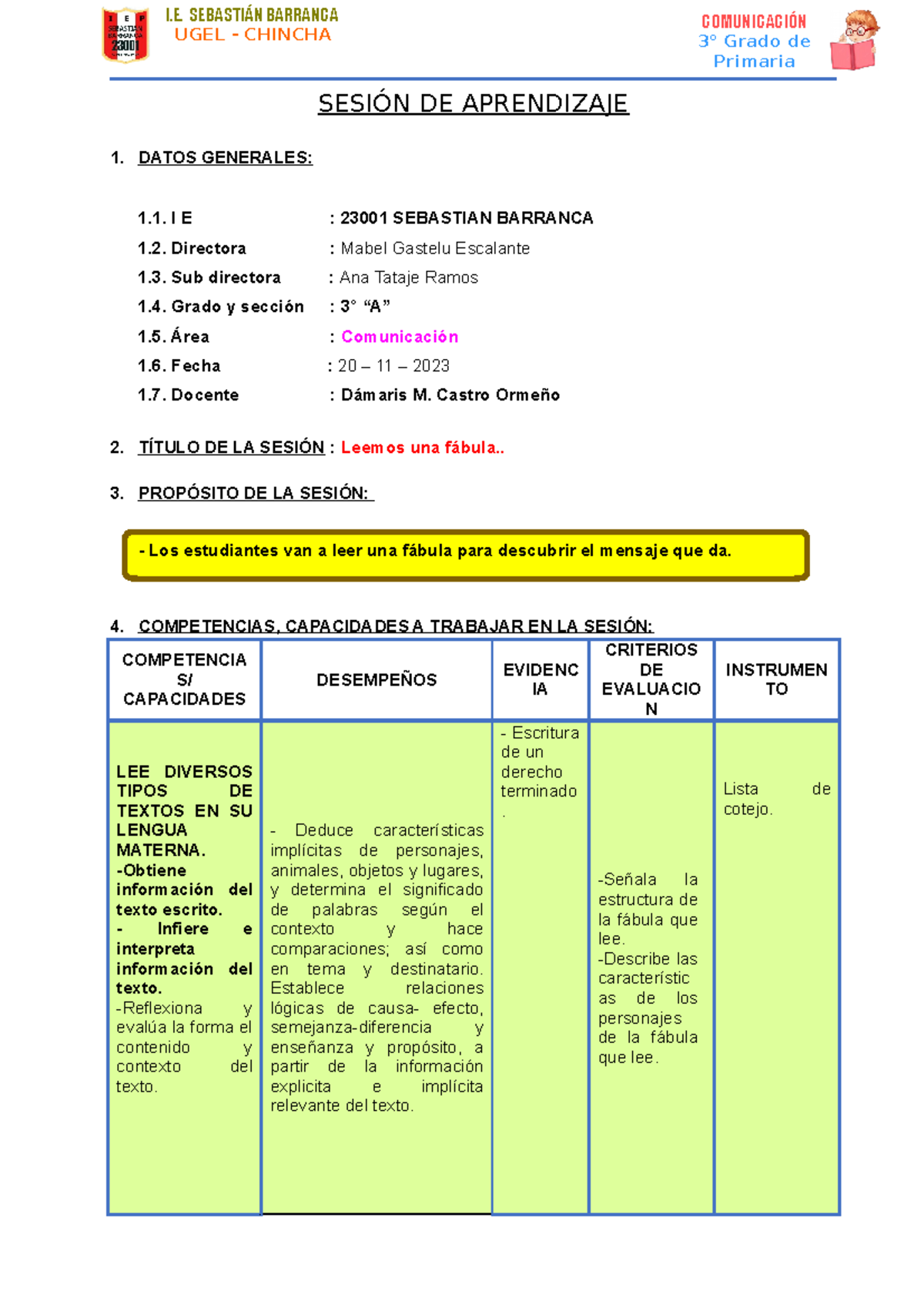 Sesion de Aprendizaje 3A 20 - UGEL - CHINCHA COMUNICACIÓN 3° Grado de ...