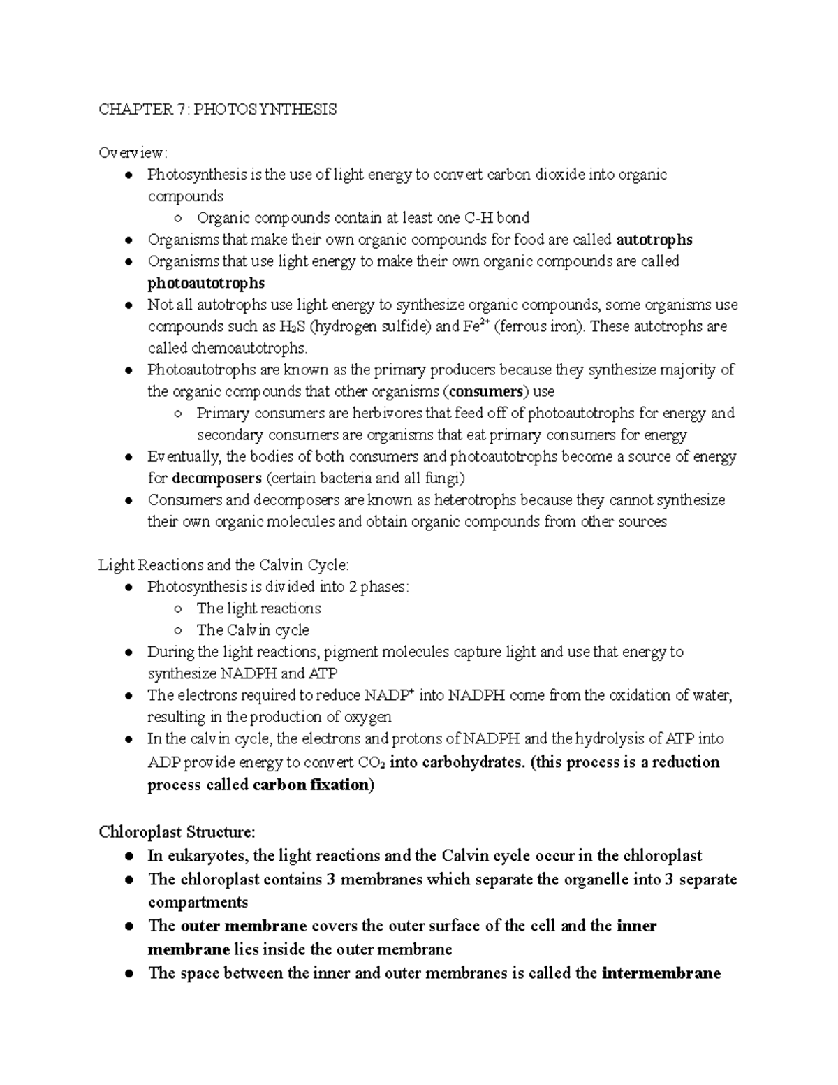 BIOL 1000 Chapter 7 Photosynthesis - CHAPTER 7: PHOTOSYNTHESIS Overview ...