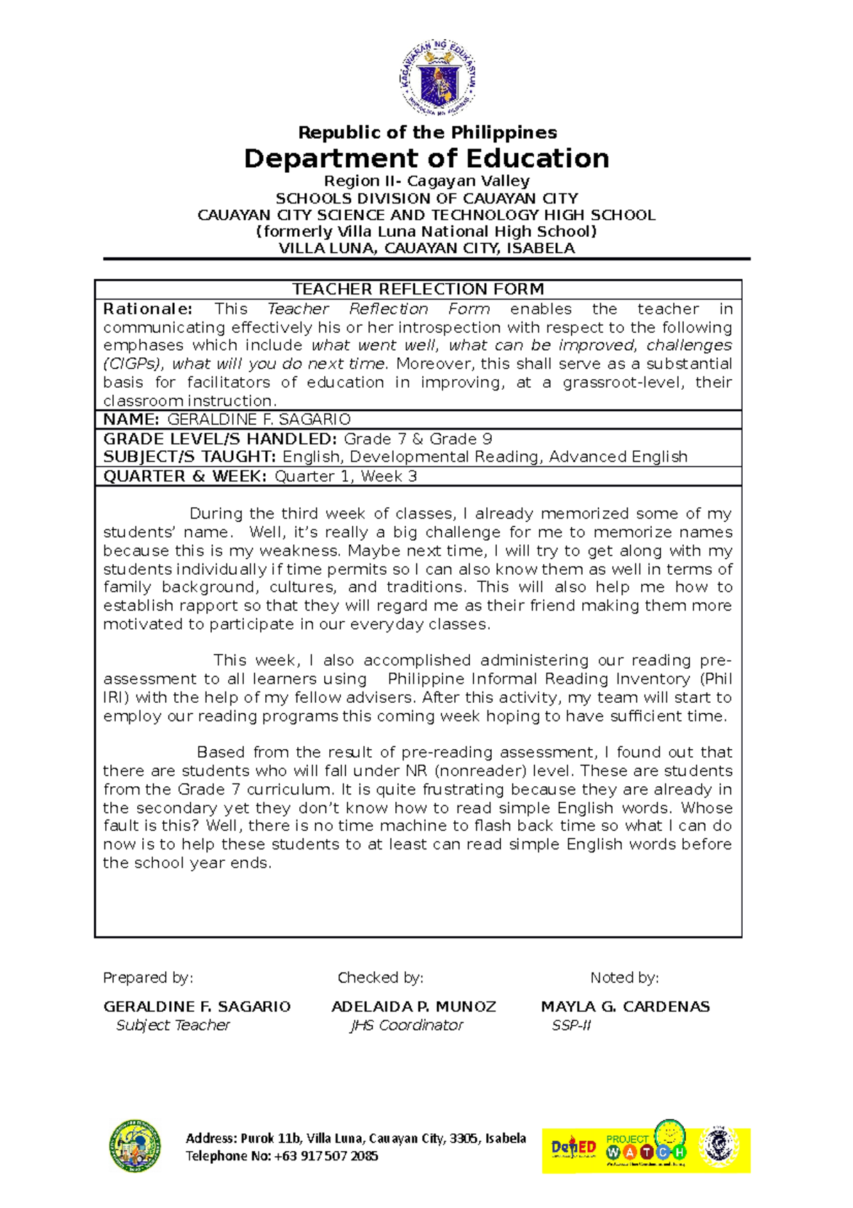 Q1 W3 TRF - Teacher Reflection Form - Republic of the Philippines ...