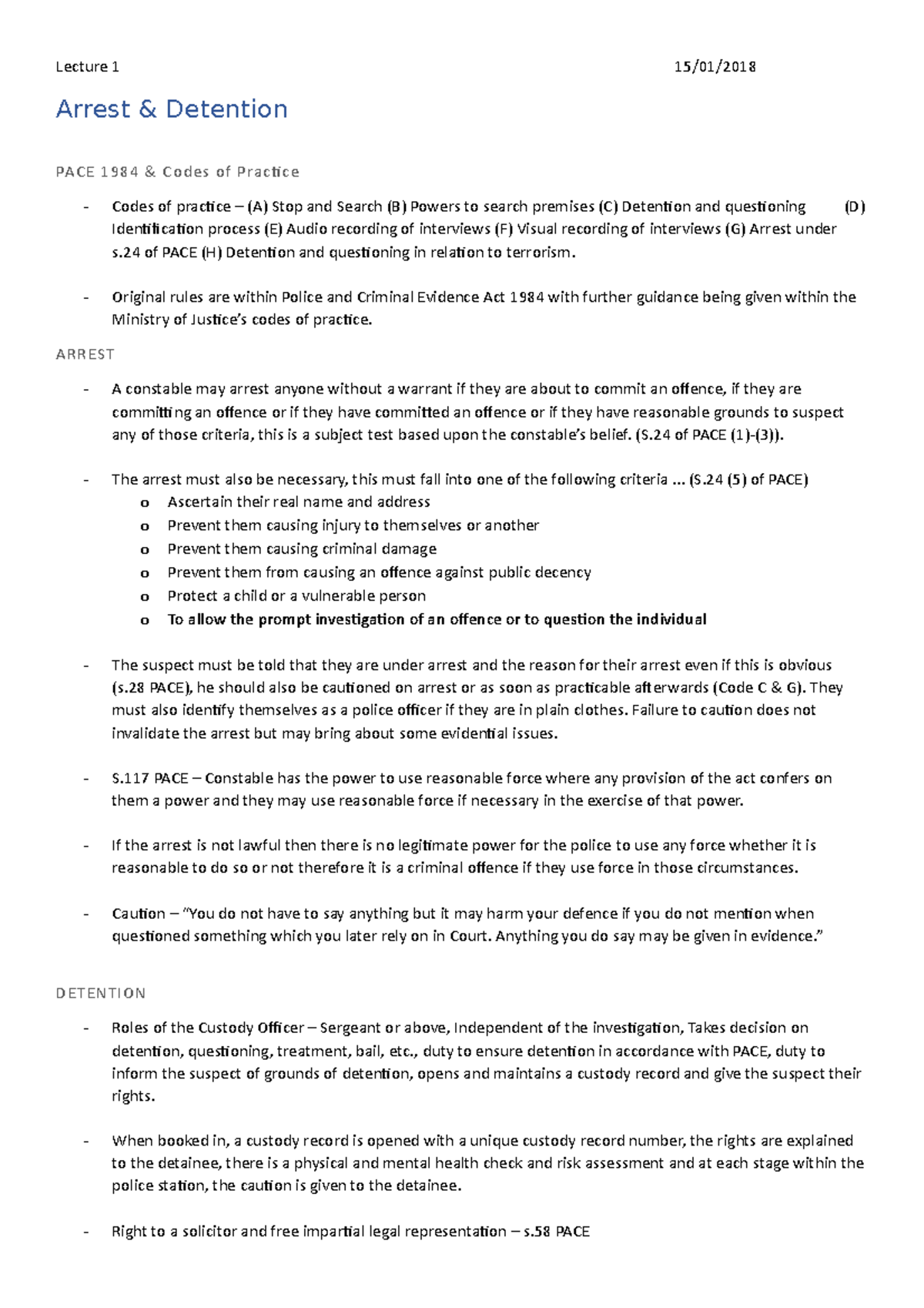 1. Arrest & Detention - Lecture 1 - Lecture 1 15/01/ Arrest & Detention ...