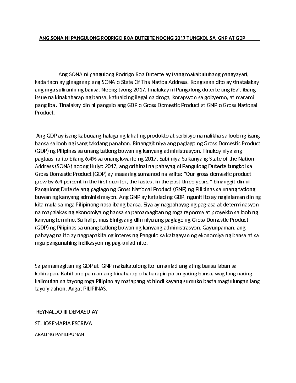 ANG SONA NI Pangulong Rodrigo ROA Duterte Noong 2017 Tungkol SA GNP AT ...