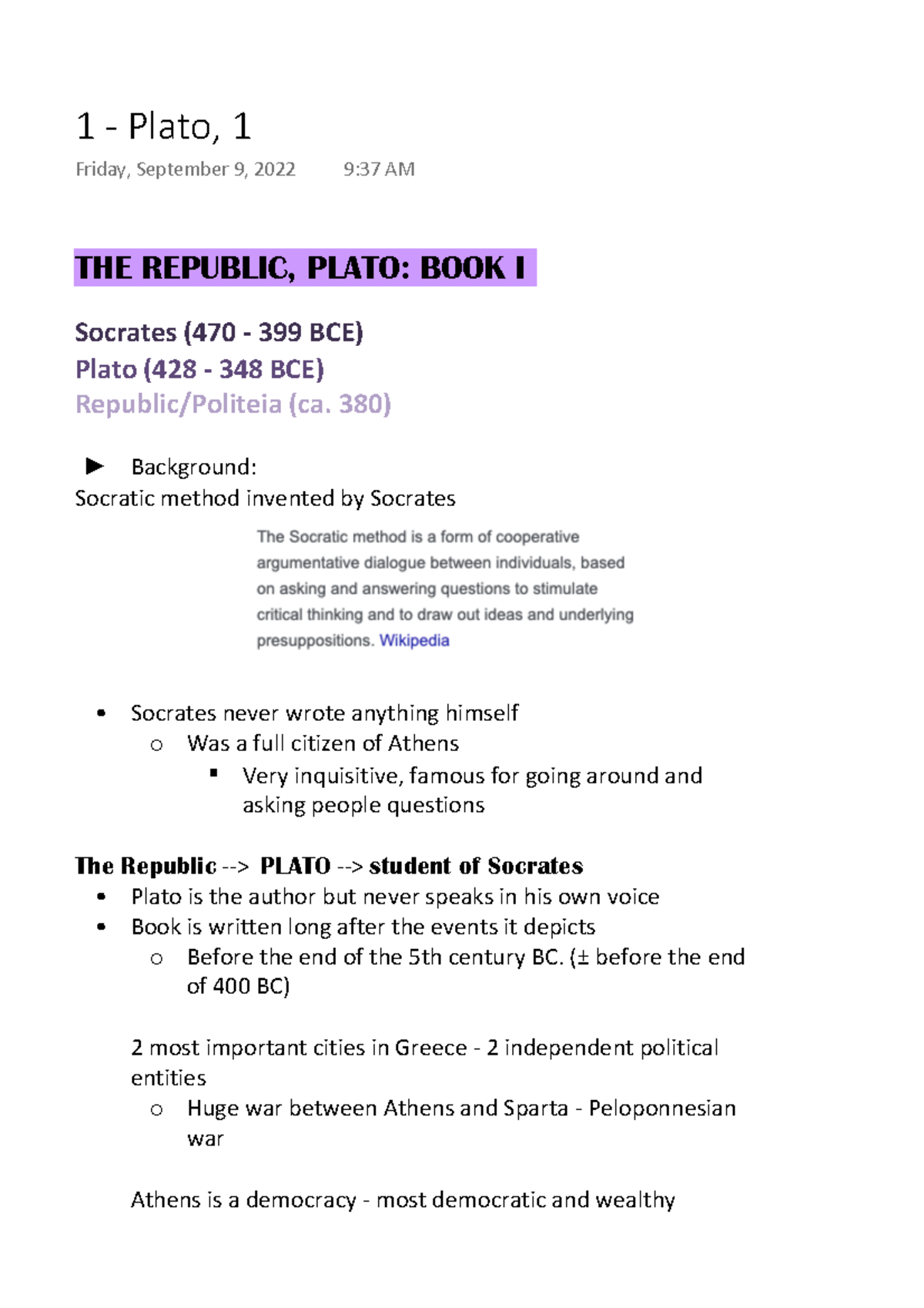 1 - Plato lecture notes - THE REPUBLIC, PLATO: BOOK I Socrates (470 ...
