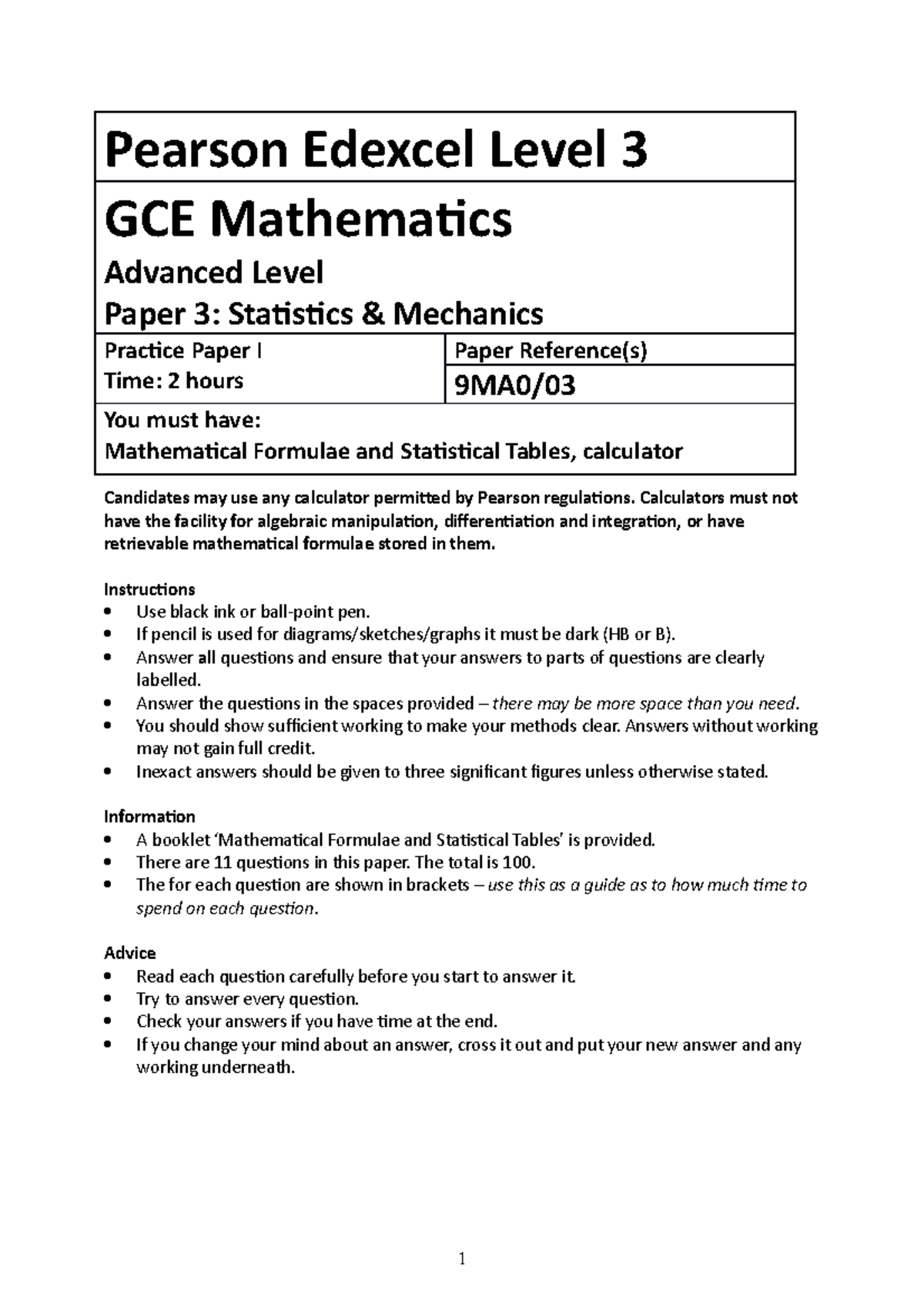 09a A level Mathematics Practice Paper I - Statistics and Mechanics ...